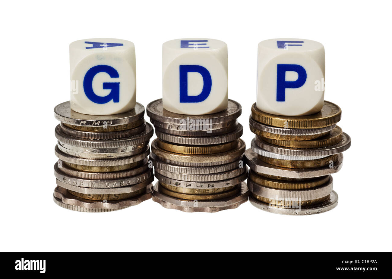 Stacks of coins with the word GDP isolated on white background Stock ...