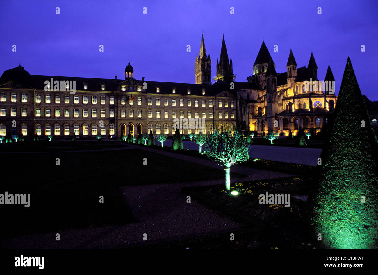 France, Calvados, Normandy, Caen, Abbey and Town hall by night Stock ...