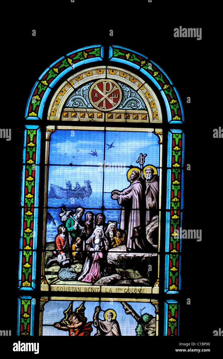 France, Morbihan, Hoëdic Island, stained glass of Notre Dame la Blanche ...