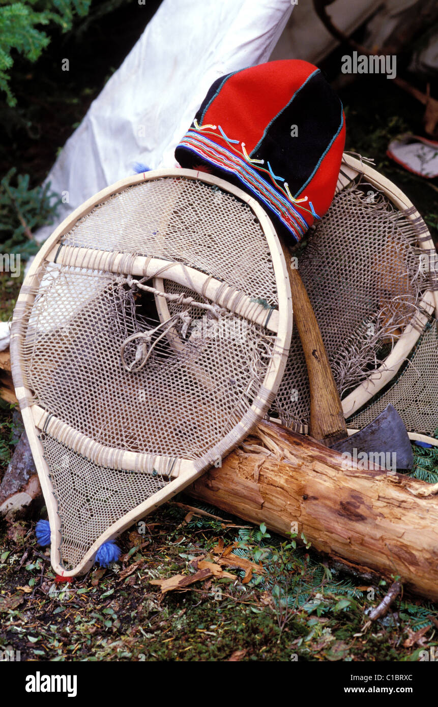 Canada, Quebec Province, snowshoes (Ashamet) and women's hats ...