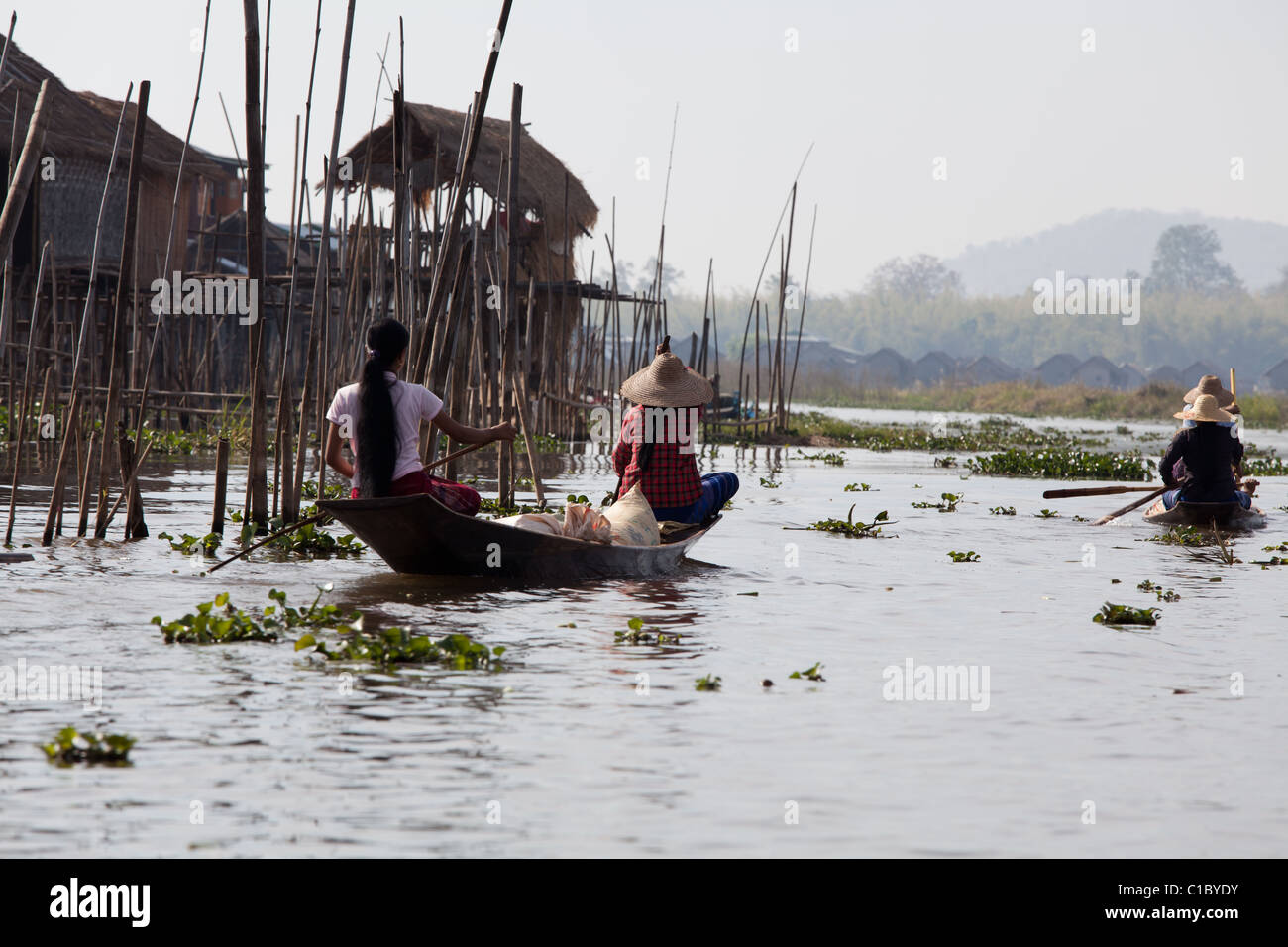 Tribal people on Inle lake are daily paddling their floating boats from ...