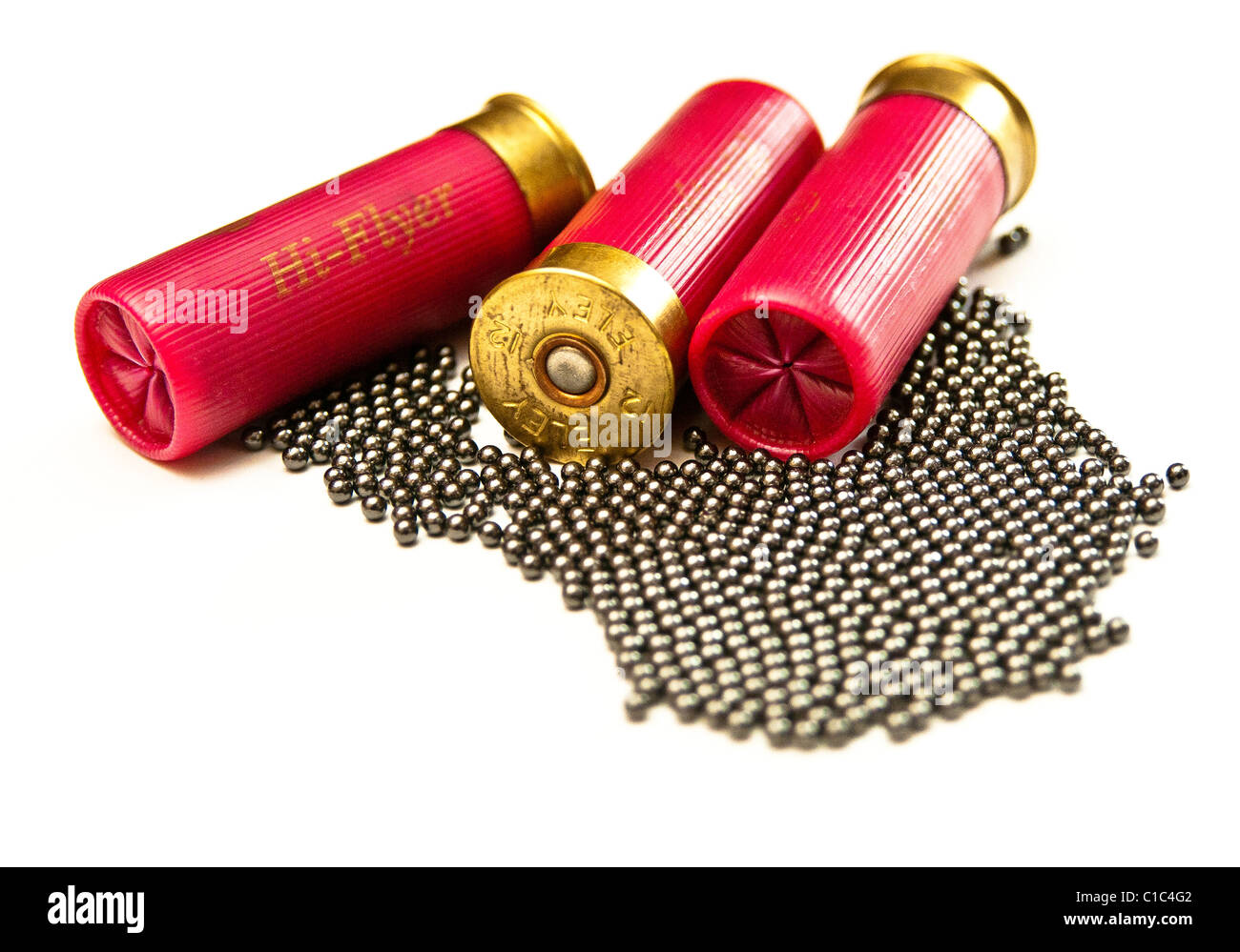 Twelve bore, or twelve gauge, shot gun cartridges showing the lead shot ...