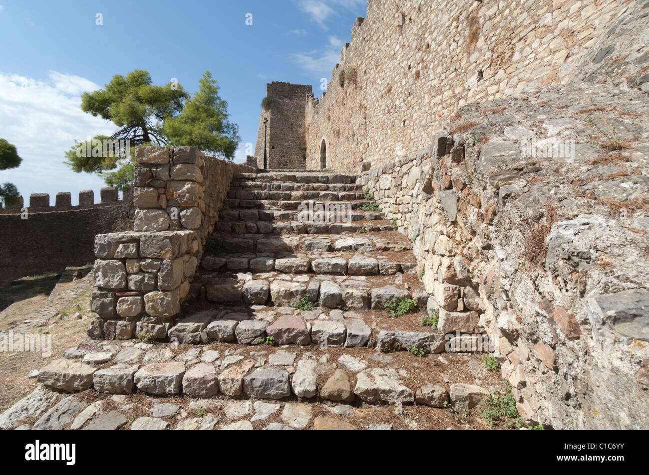 Ancient stone steps in the castle above Nafpaktos still convey tourists ...