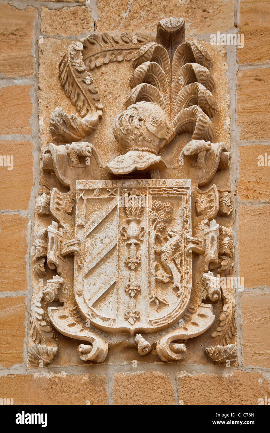 Carved stone coat of arms on the wall, Labastida, Alava, Spain Stock ...