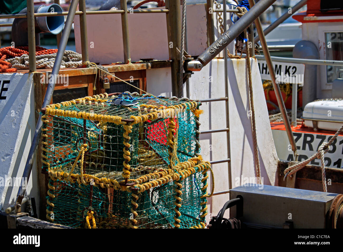 Crayfish pots on fishing boat in Gordon's Bay Harbour near Cape Town ...