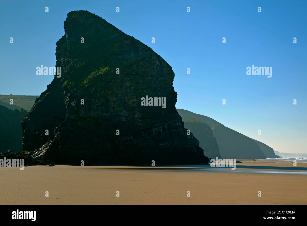 A view of a rock stack on the beach at Bedruthan Steps in Cornwall UK ...