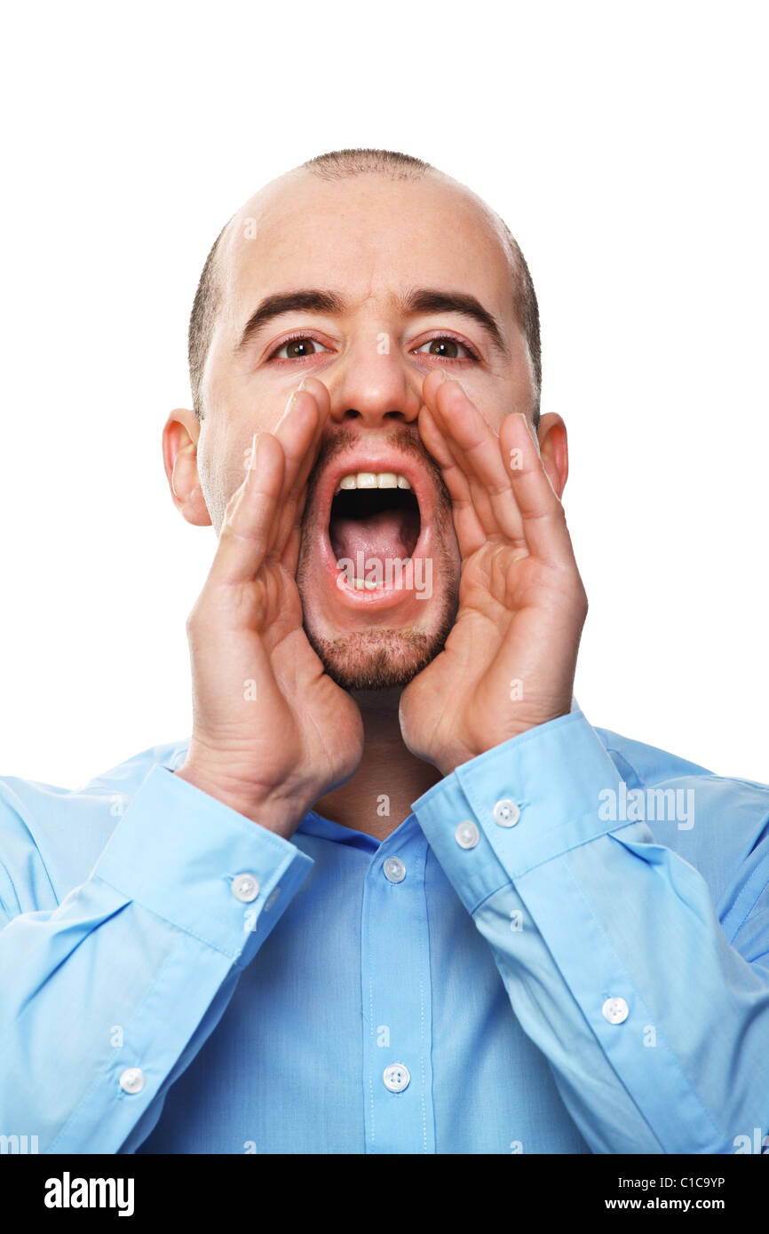 young man portrait in shout position isolated on white background Stock ...