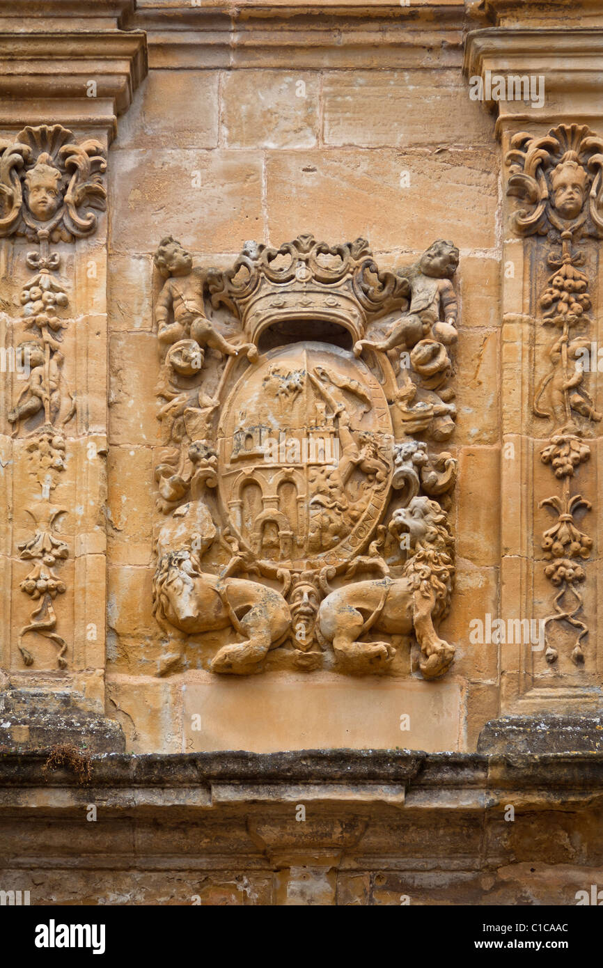 Carved stone coat of arms on the wall, Labastida, Alava, Spain Stock ...
