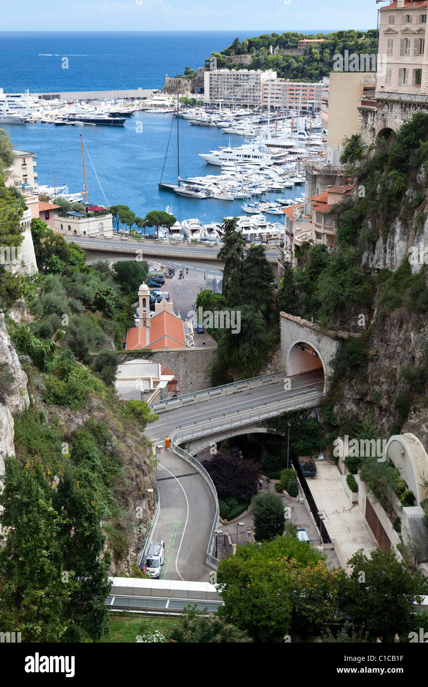View down onto the harbour at Port Hercules in Monaco, with the complex ...