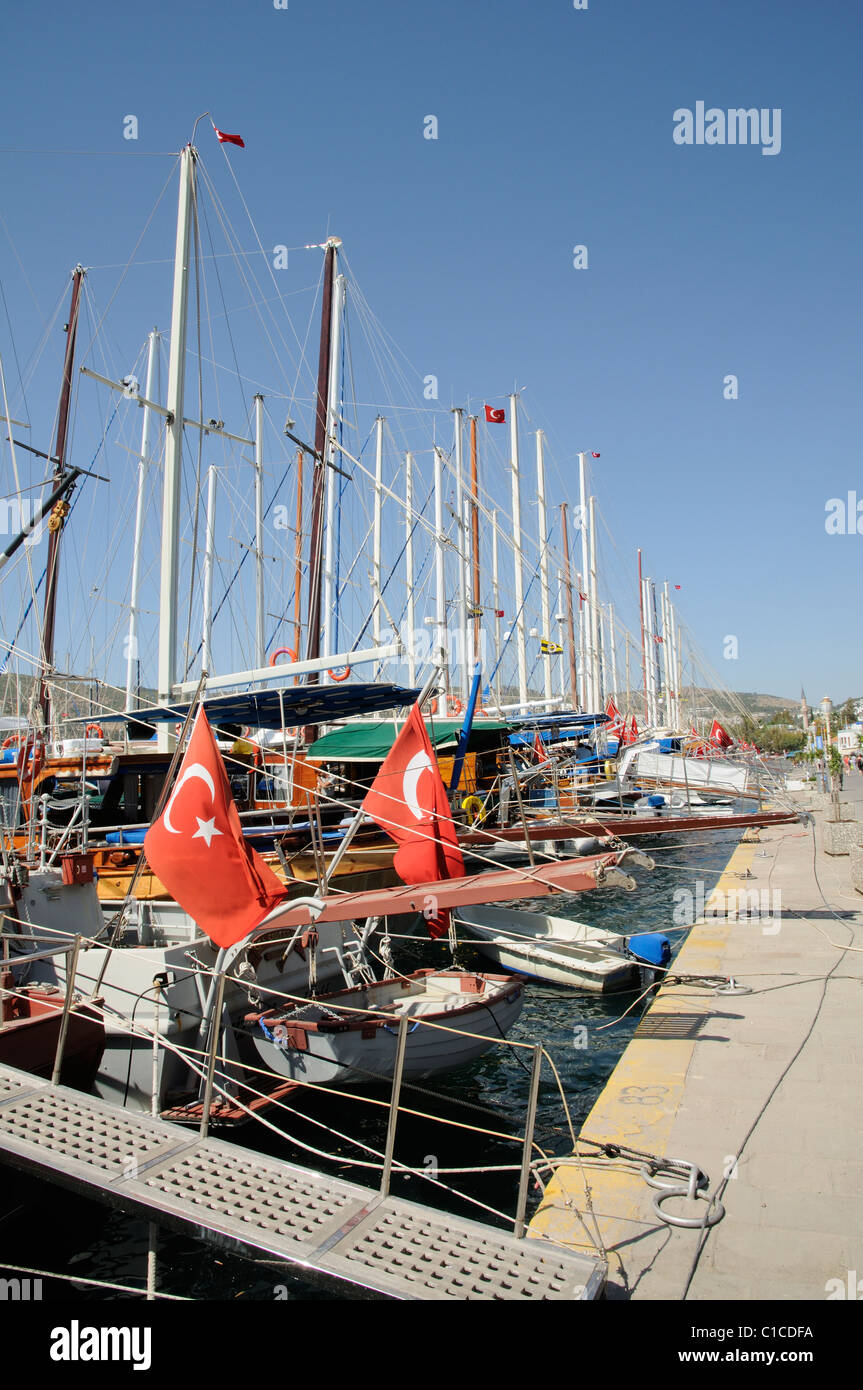 Bodrum harbour traditional wooden Gulet boats on the quayside. Aegean ...
