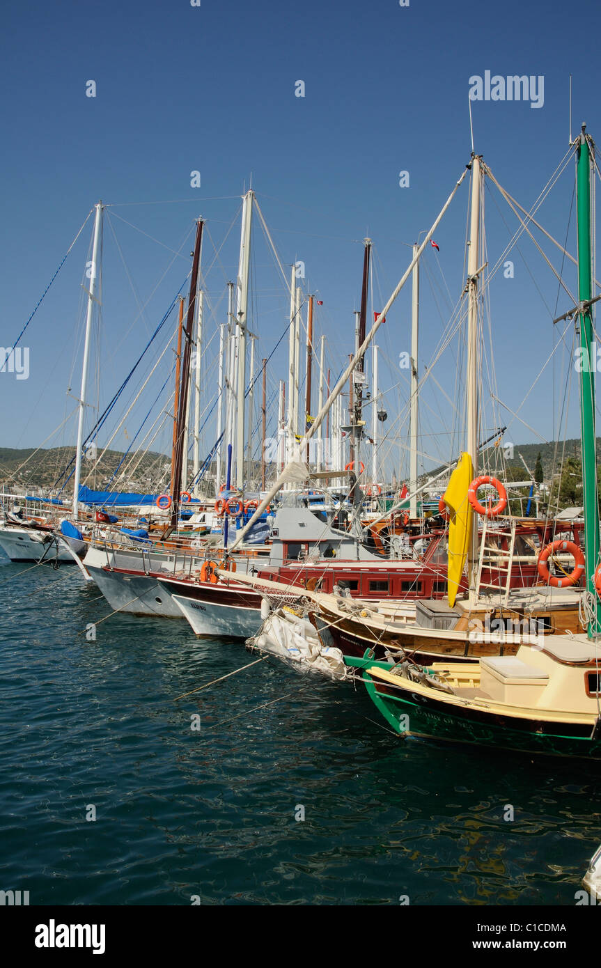 Bodrum harbour traditional wooden Gulet boats on the quayside. Aegean ...
