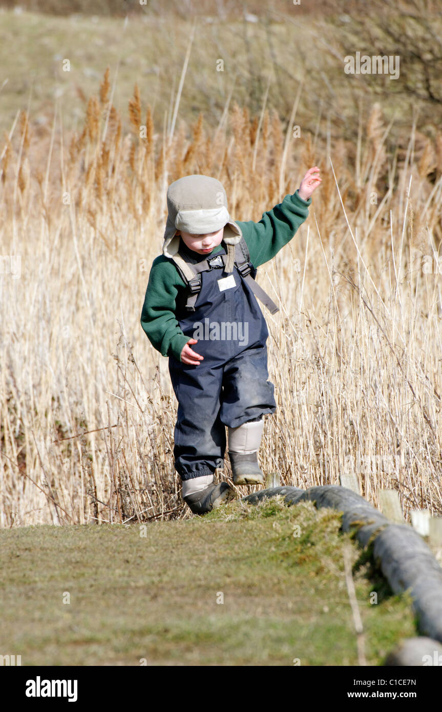 A young boy balancing along a log beside a path Stock Photo - Alamy