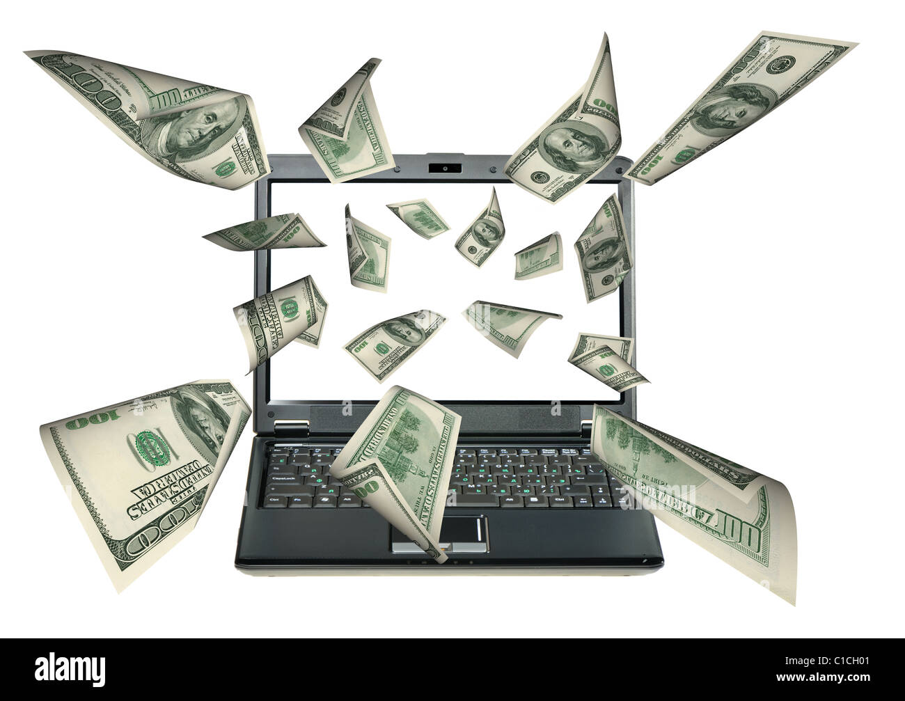 Laptop and dollars. Money taking off from the screen Stock Photo - Alamy