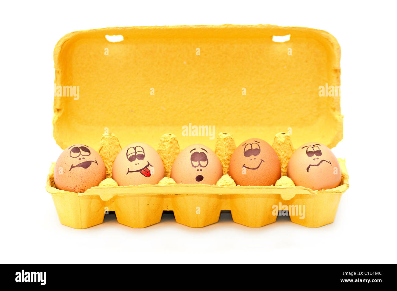 Group of fresh eggs with drawn faces depicting various emotions ...
