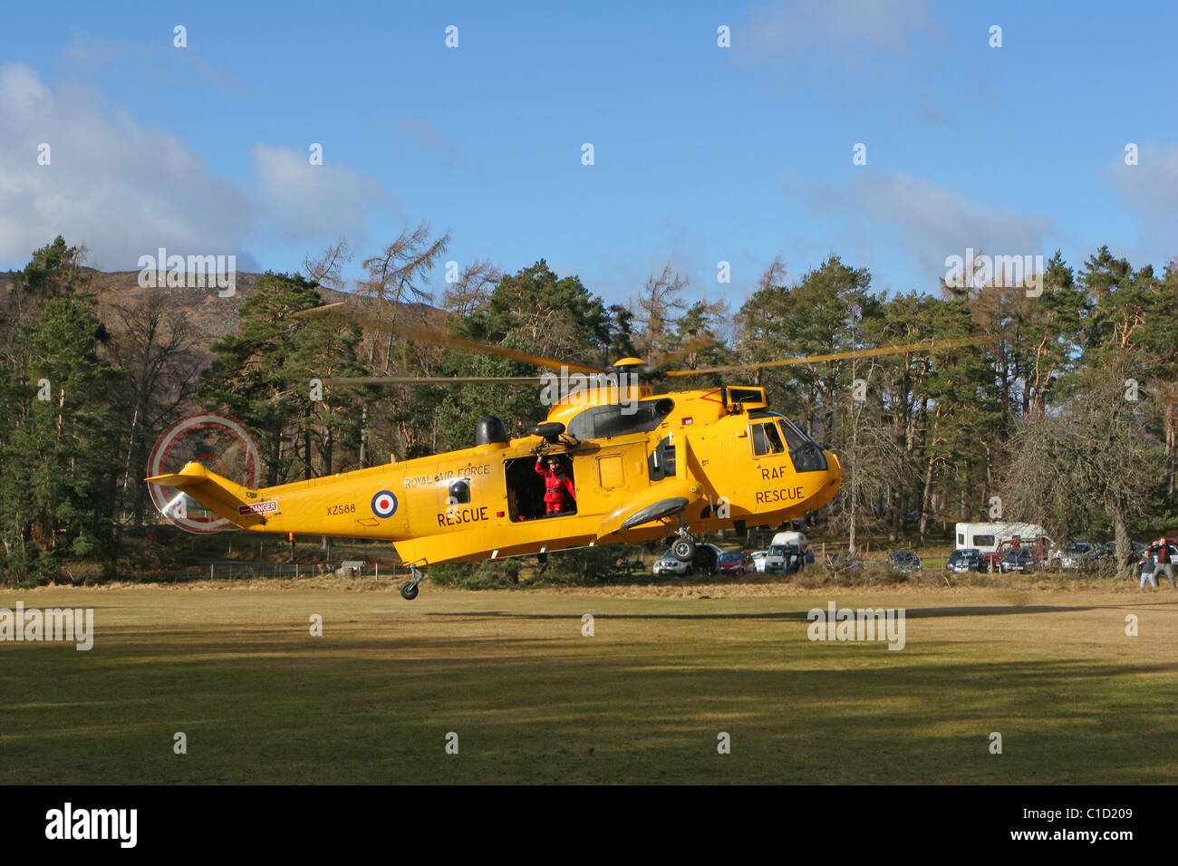 RAF Sea King SAR helicopter taking off at Rothiemurchus near Aviemore ...
