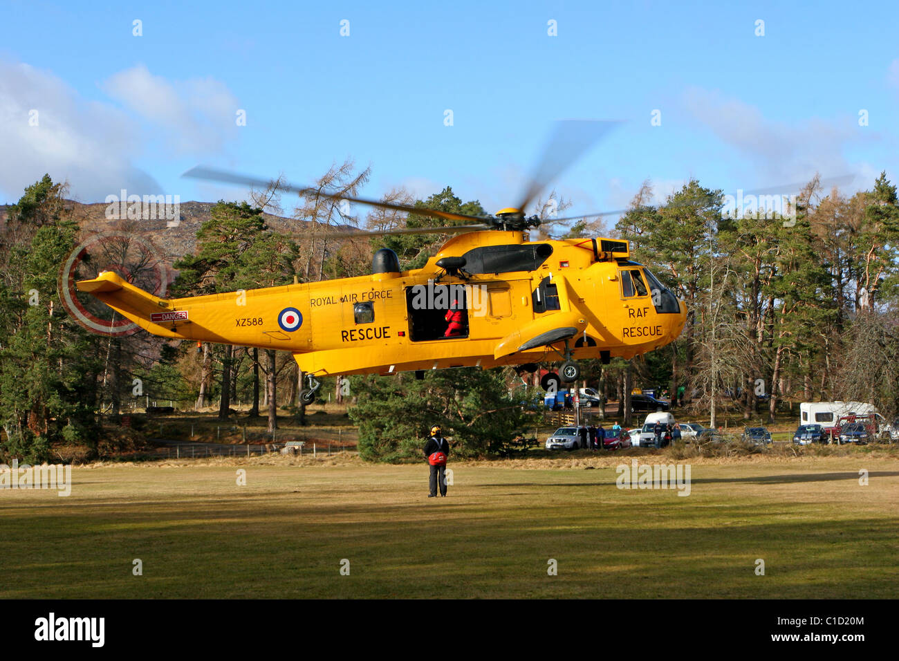 RAF Sea King SAR helicopter hovering at Rothiemurchus near Aviemore ...