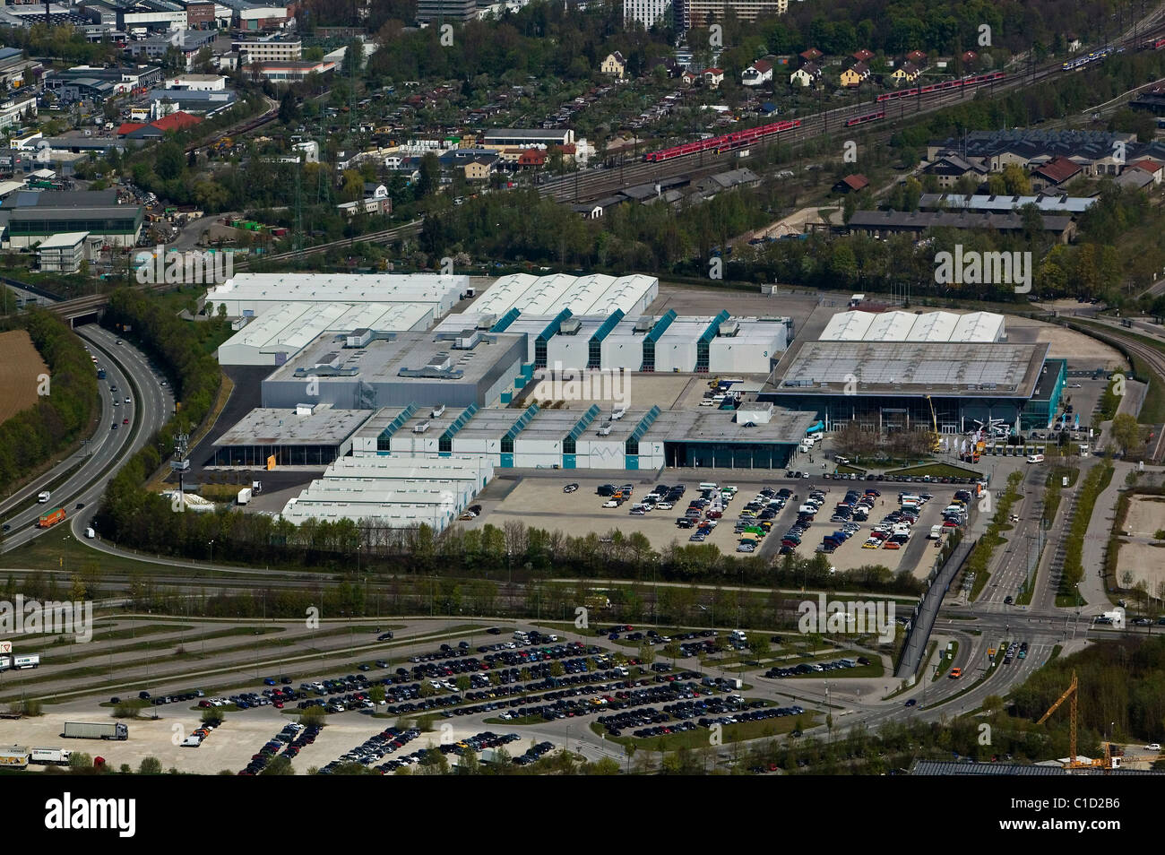 aerial view above Messe Augsburg Convention Center Bavaria Germany ...
