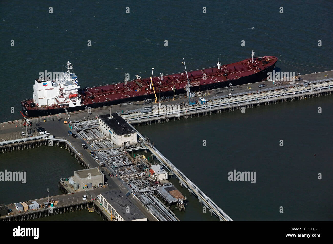 aerial view above Colorado Voyager Chevron petroleum tanker moored at ...