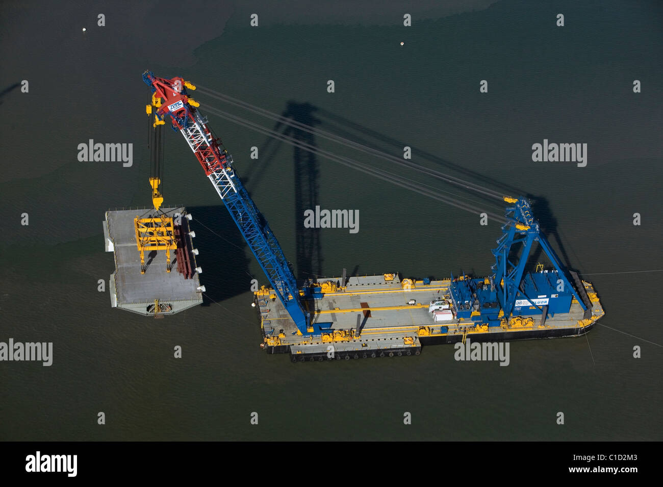 aerial view above Left Coast Lifter floating crane barge lifting ...
