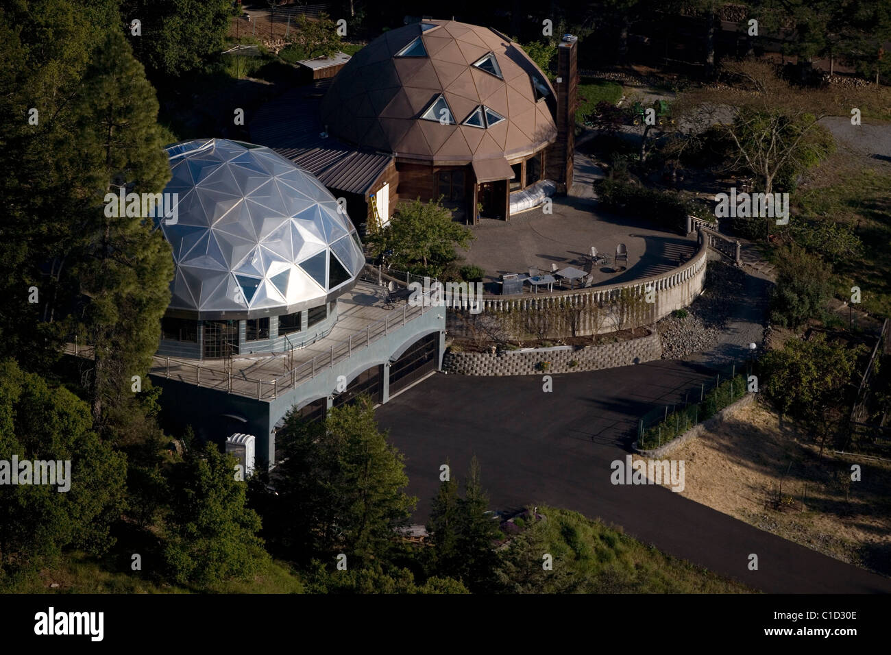 aerial view above two residential geodesic dome homes Petaluma ...