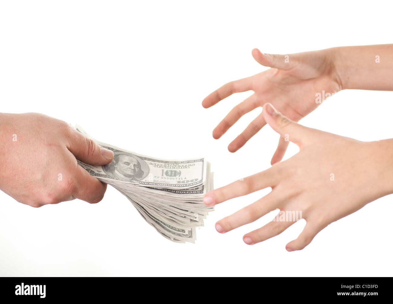 Male give someone money, isolated on white Background Stock Photo - Alamy
