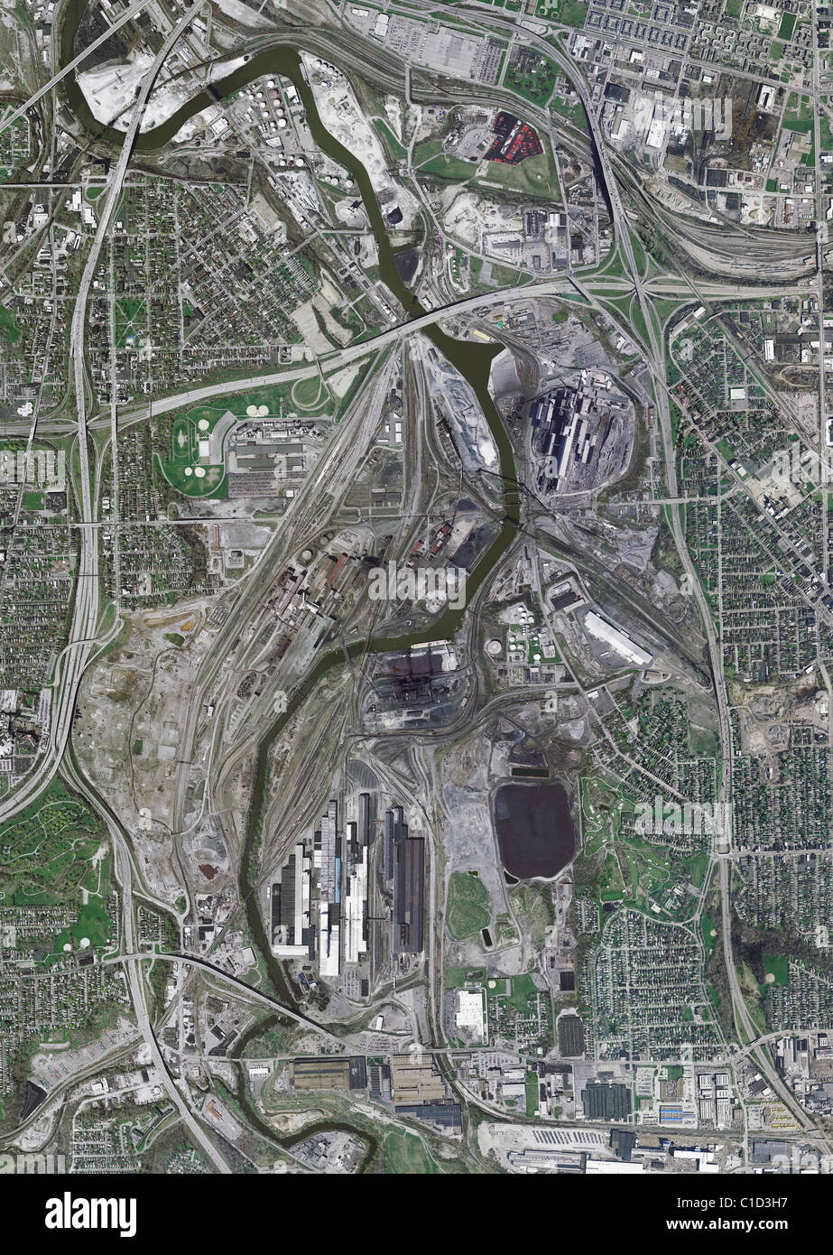 aerial map view above industrial area Cuyahoga river Cleveland Ohio ...