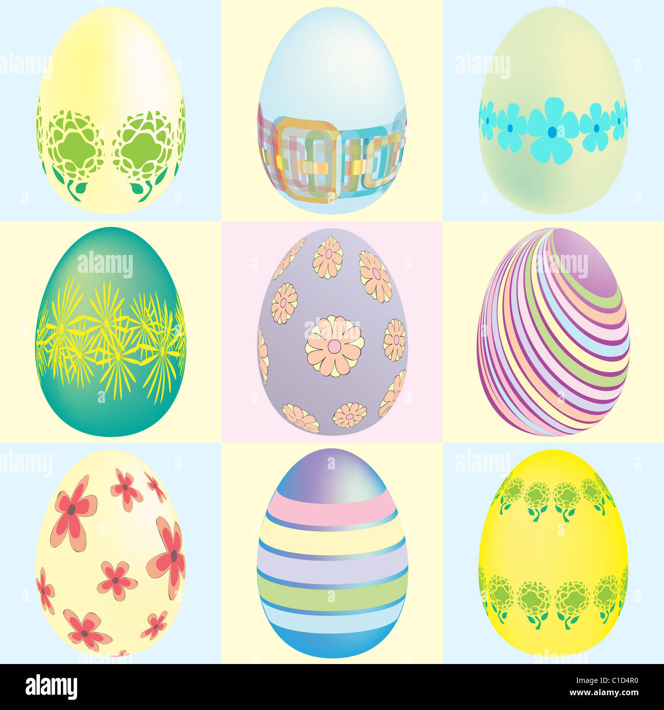 9 easter eggs with different patterns and designs Stock Photo - Alamy
