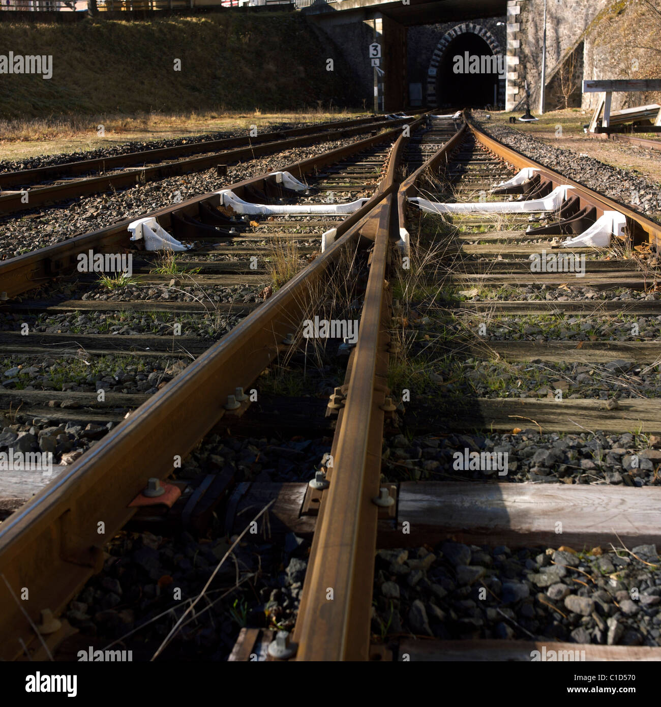 Railway tracks leading towards a dark tunnel in a remote area ...