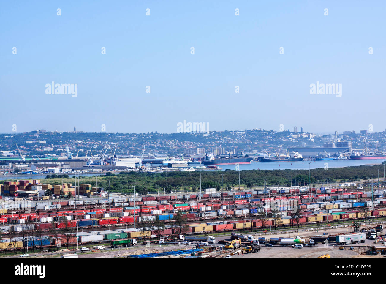 Freight trains loaded with containers adjacent to Durban harbour. South ...