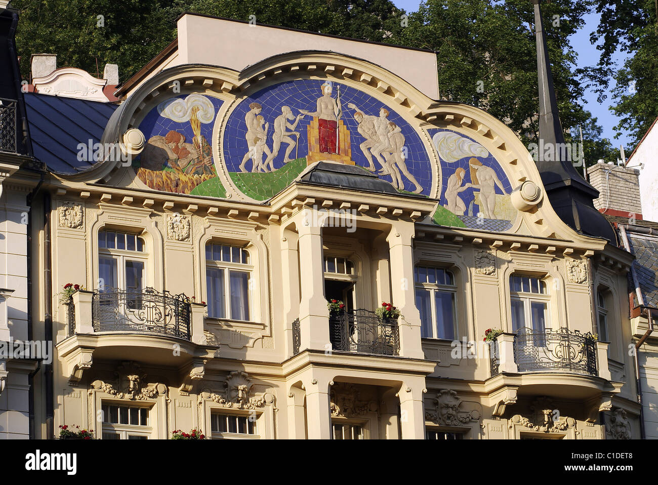 Czech Republic, Bohemia, Karlovy Vary, Art Nouveau style fresco on ...
