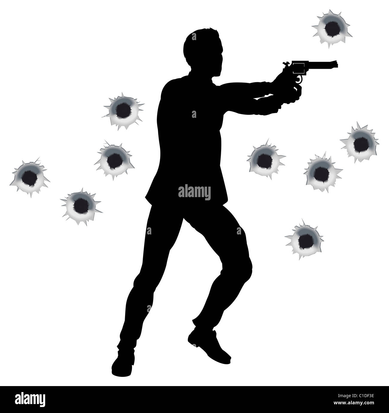 Action hero standing and shooting in film style shoot out action ...