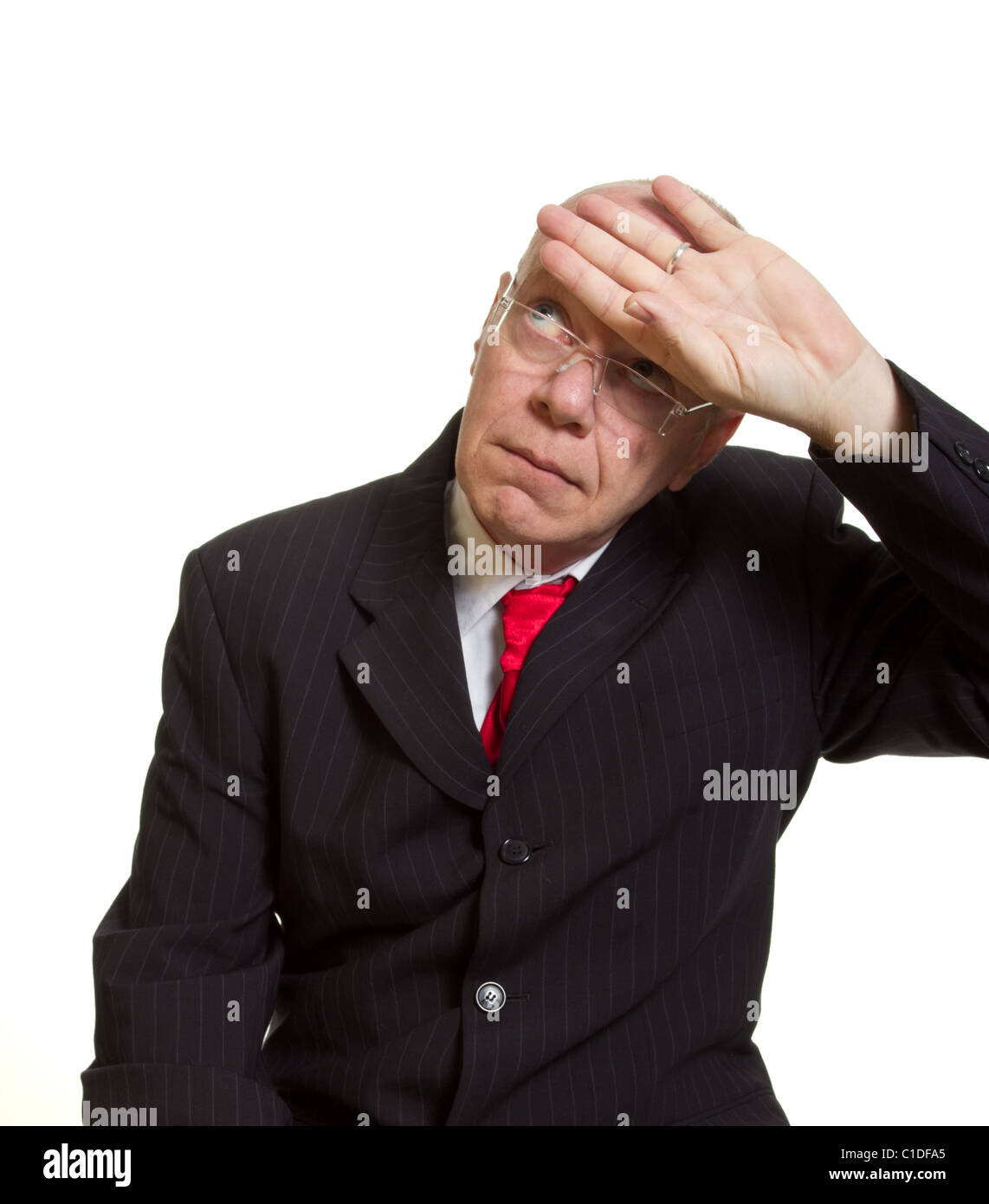 Expressive senior businessman isolated on white feeling faint concept ...