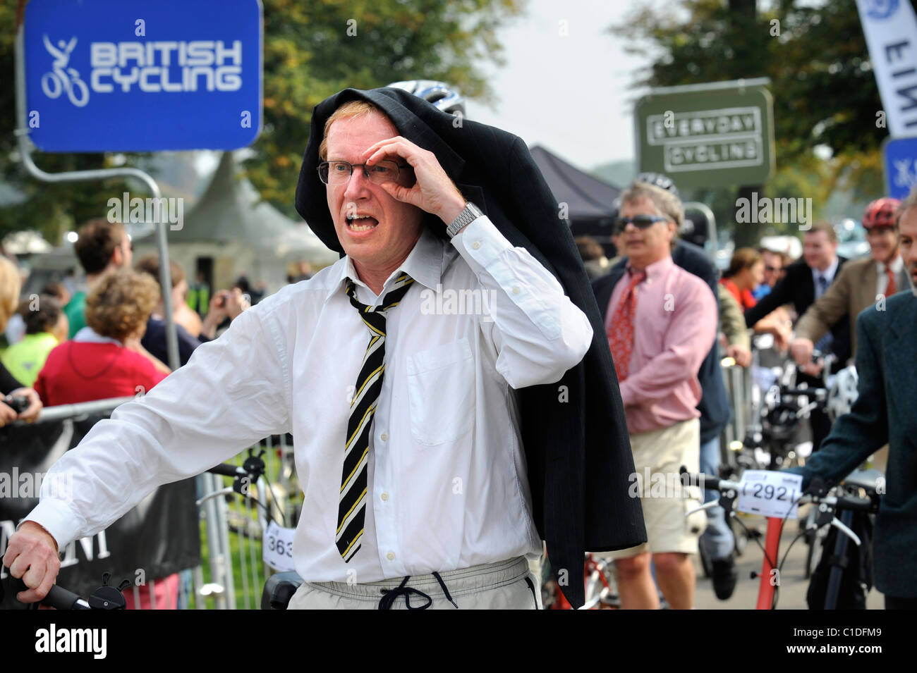 A competitor queuing at the finish of The Brompton World Championships ...