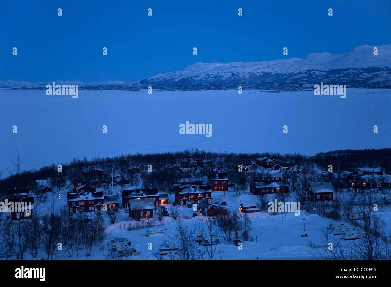 Bjorkliden, Lapland, Sweden at dusk, view over lake Torne trask Stock ...