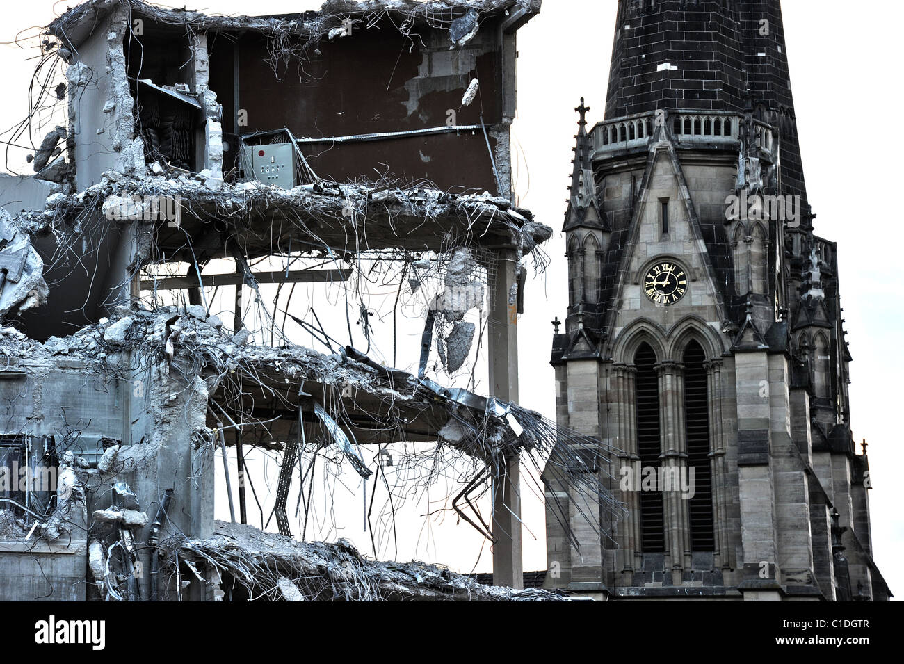 Demolition of old Building, Church in the Background, Urban Renewal ...