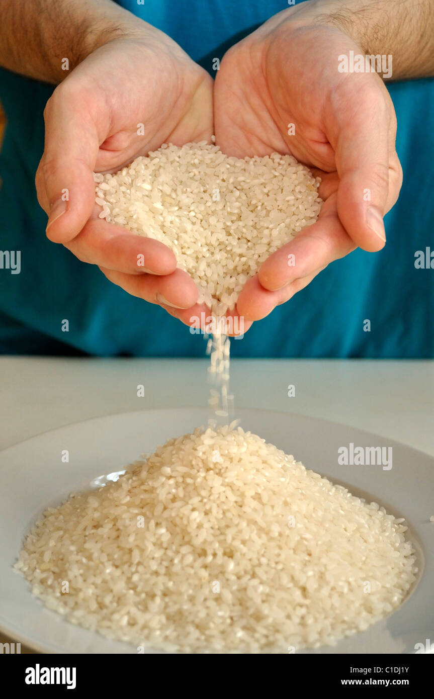 Two hands with rice grains over plate Stock Photo - Alamy