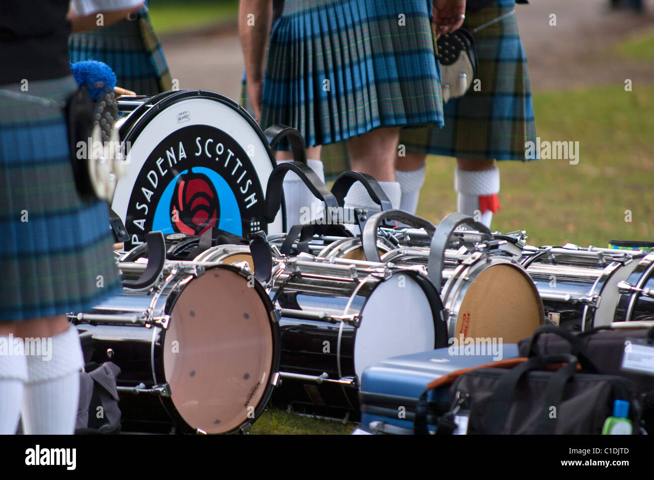 View of the percussion section of a Scottish pipe band Stock Photo - Alamy