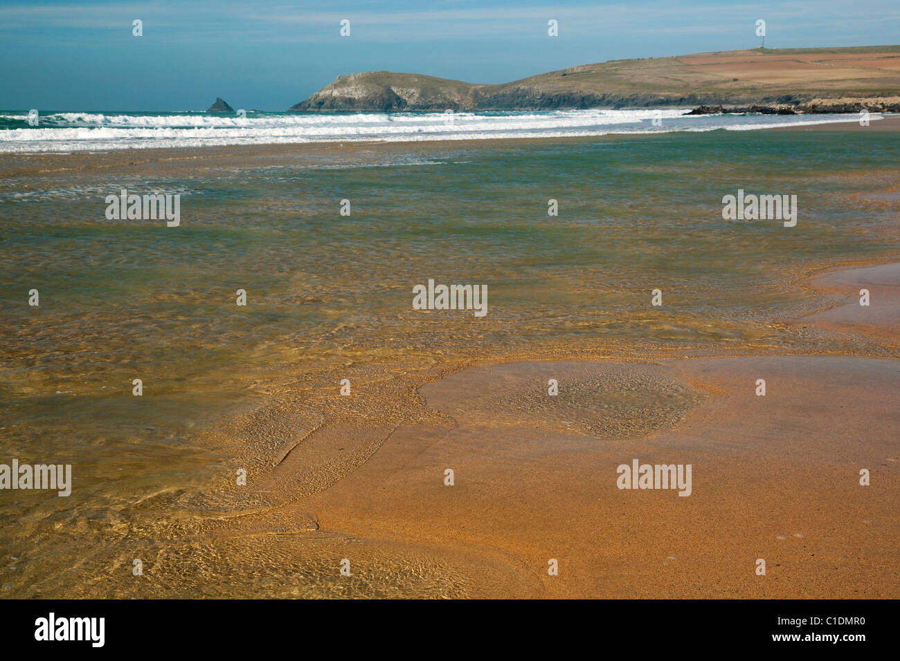 A view of the shoreline on the beach at Constantine Bay Cornwall UK ...