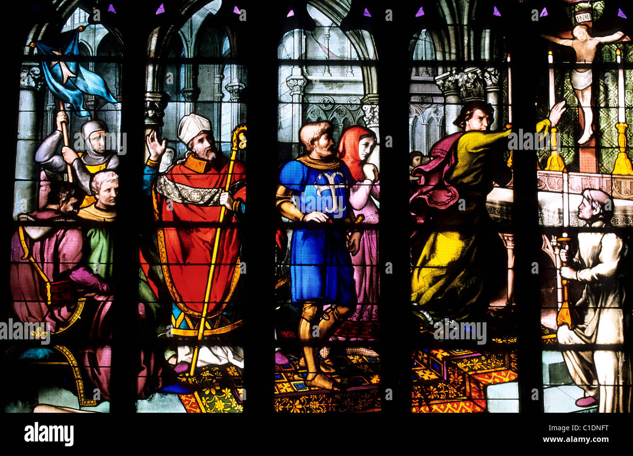 France, Finistere, Quimper, stained glass window in the cathedral Saint ...