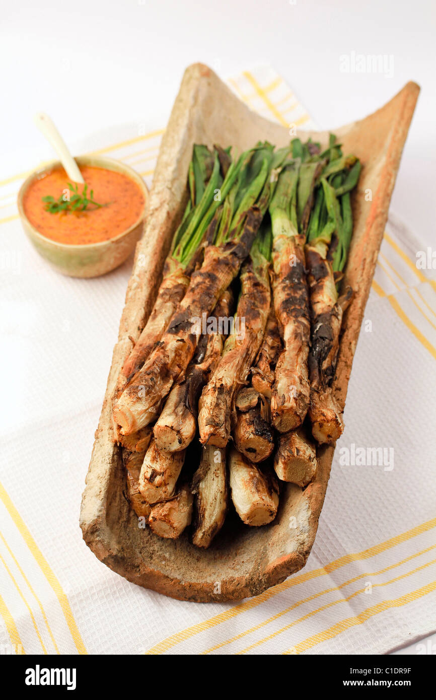 Calçots and its sauce. Typical meal from Catalonia, Spain. They are a ...