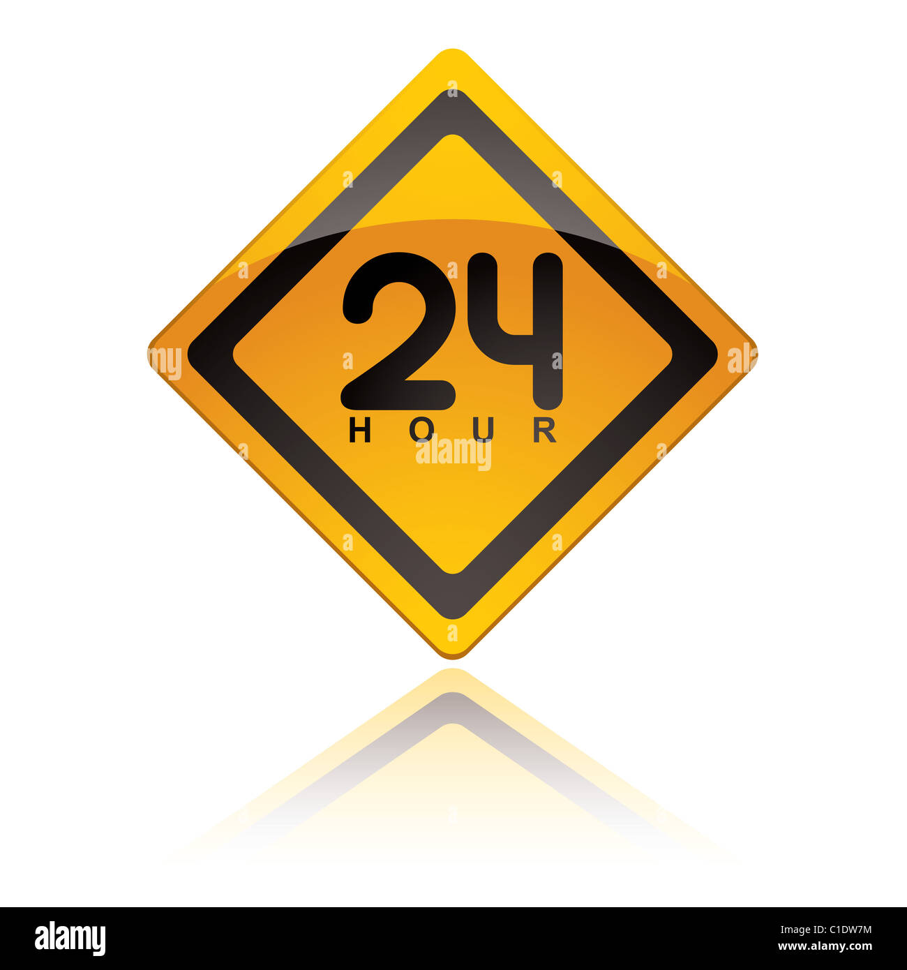 bright yellow 24 hour icon symbol with reflection in white background ...