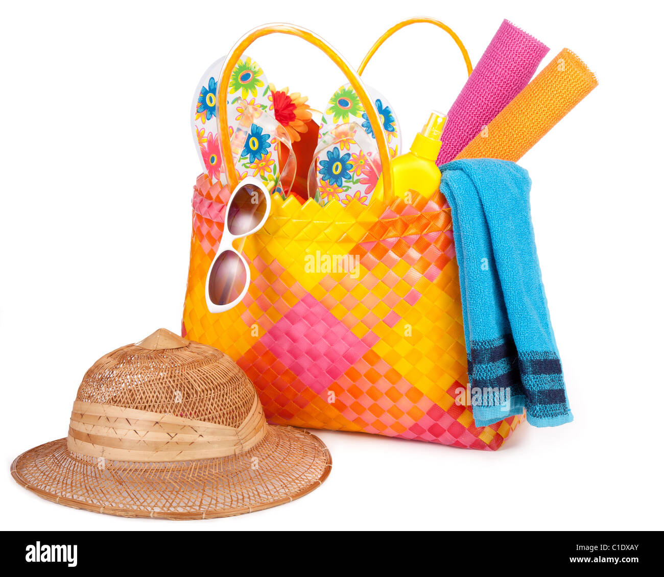 beach bag with leisure items Stock Photo - Alamy