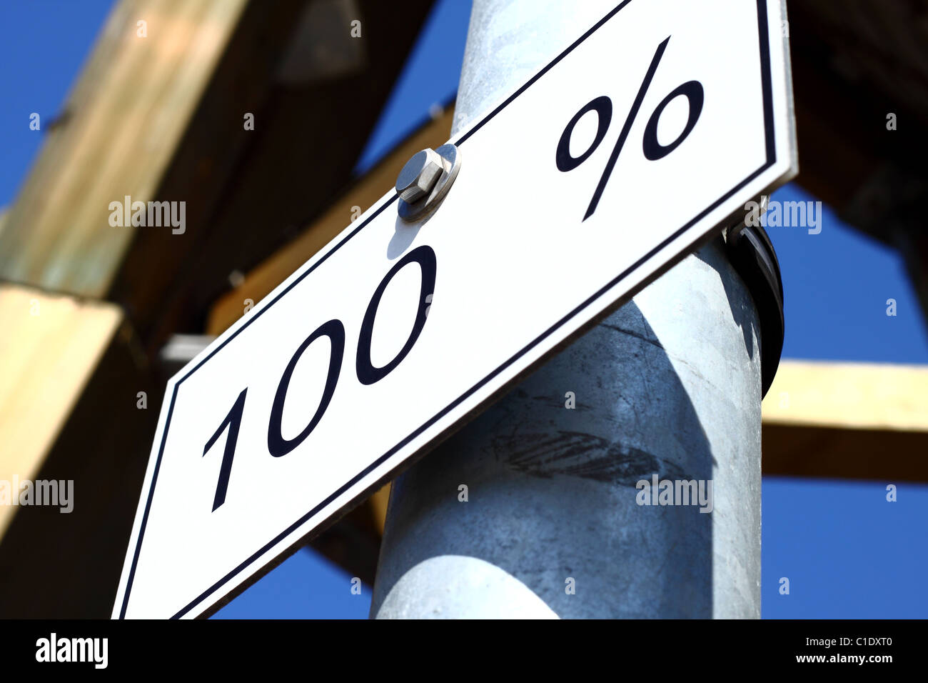 White panel with text 100 in black color, attached to a steel post ...