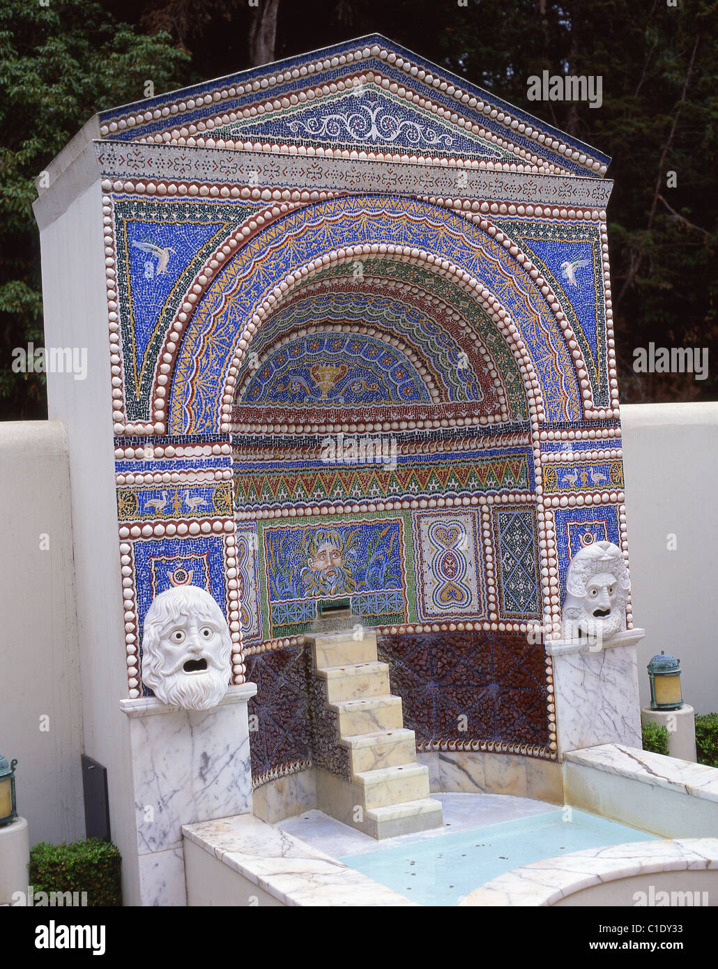 Mosaic fountain, East Garden, Paul Getty Museum, Malibu, California ...