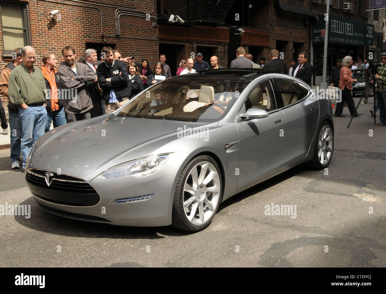 Tesla Model S electric motor car outside the Ed Sullivan Theater for ...