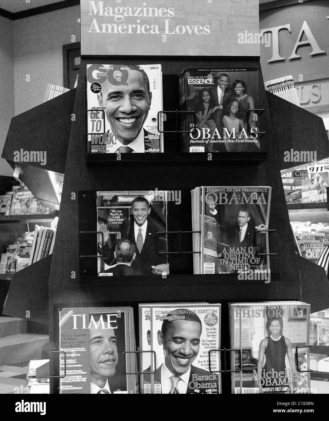 Bookstand displaying magazines featuring the Obama's President Barack ...