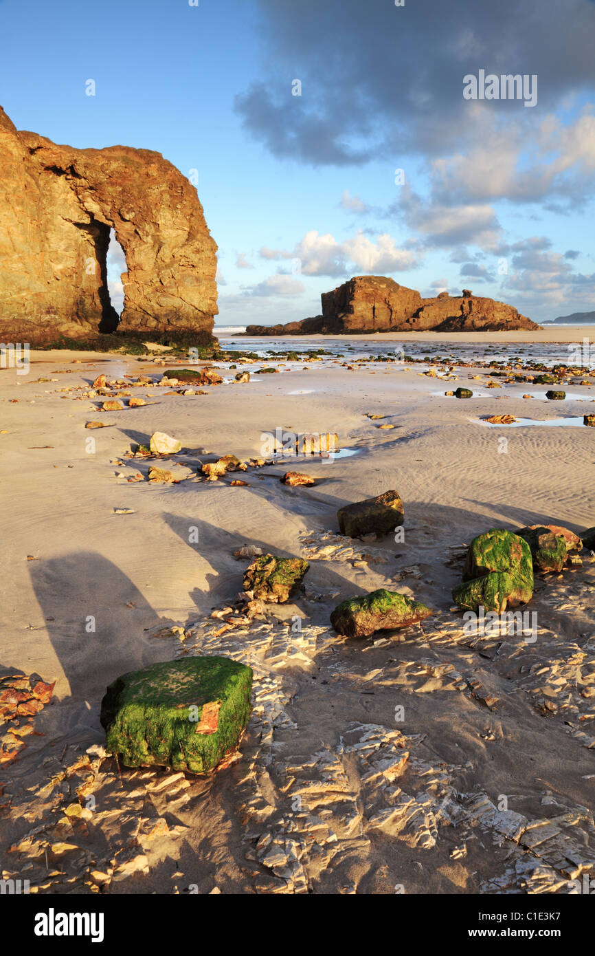 Perranporth Beach on the North Coast of Cornwall captured at low tide ...