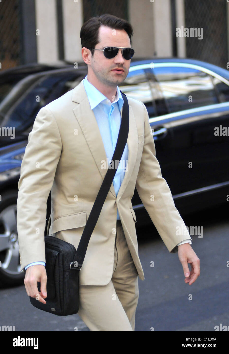Funnyman Jimmy Carr leaving the Ivy Restaurant, wearing a beige suit ...