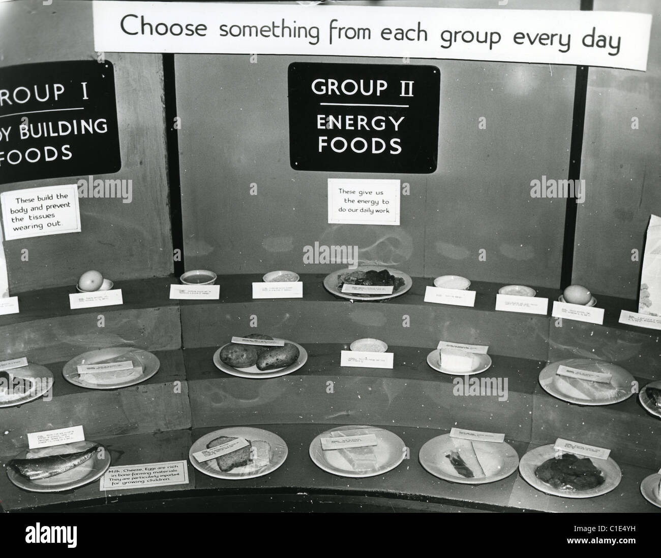 FOOD RATIONING exhibit in London in 1940 showing examples of a balanced ...