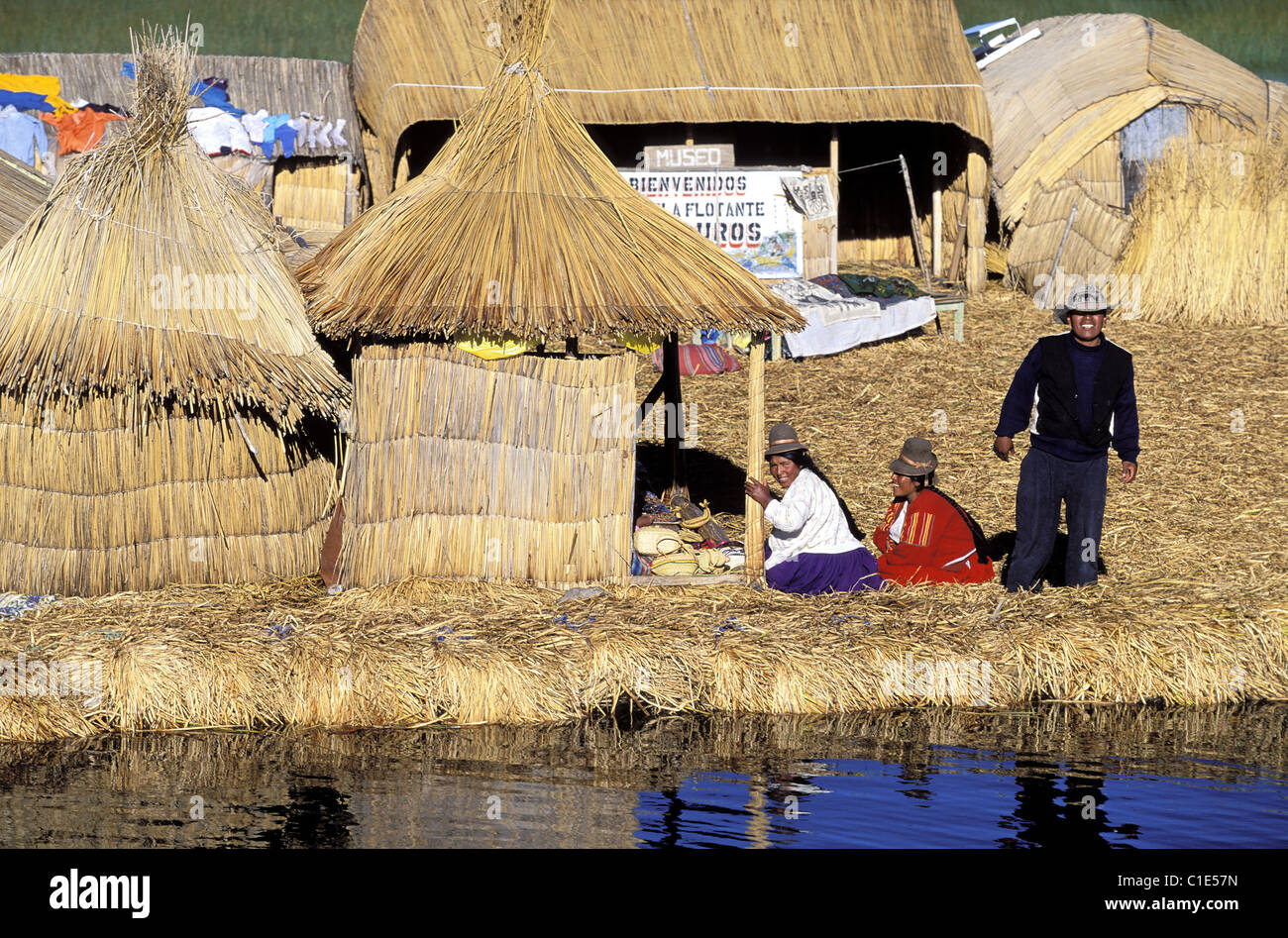 Peru, Puno Department, Lake Titicaca, Uros Indians living on floating ...